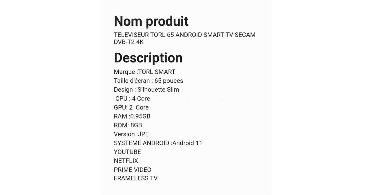 TÉLÉVISEUR TORL 65 ANDROID SMART TV SECAM DVB-T2 4K - Plateau | Expat-Dakar