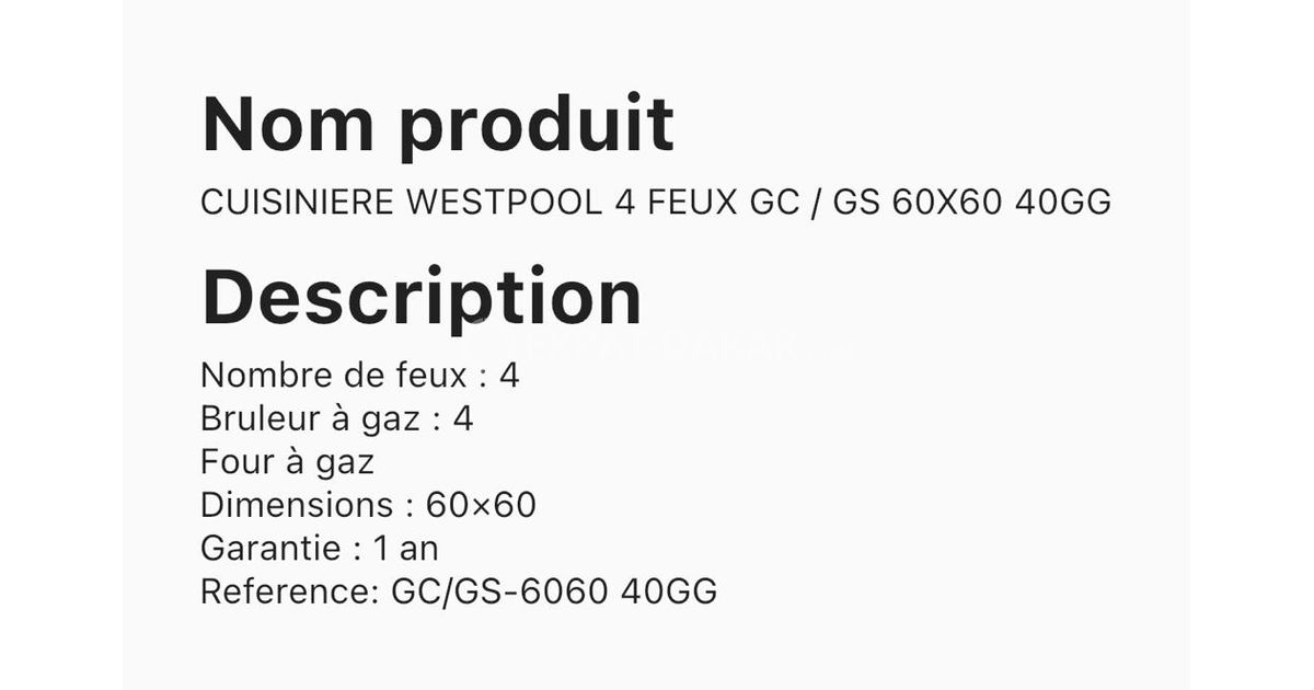 CUISINIERE WESTPOOL 4 FEUX - Plateau | Expat-Dakar